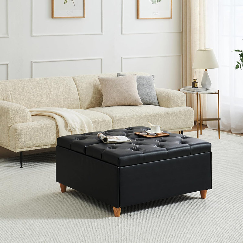 Corrigan Studio Leather Storage Ottoman Coffee Table With Lift Top Faux Leather Tufted Upholstered Ottoman With Storage Large Square Storage Ottoman Bench For Bedroom Living Room Leather Black Wayfair